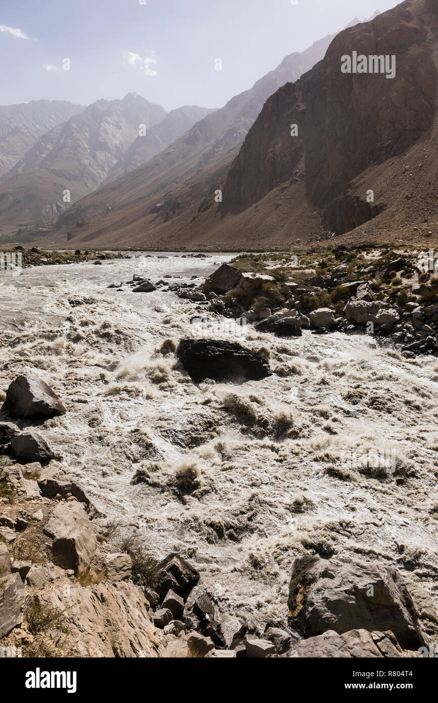 Border river Panj River in Wakhan valley with Tajikistan left and ...