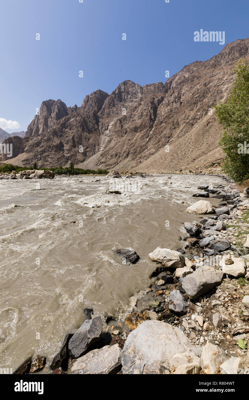 Border river Panj River in Wakhan valley with Tajikistan right and ...