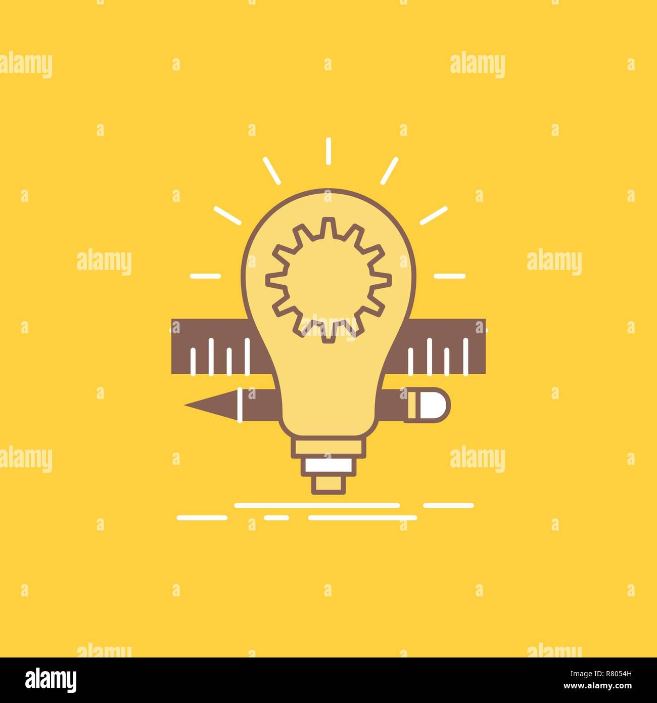 Development, idea, bulb, pencil, scale Flat Line Filled Icon. Beautiful Logo button over yellow ...
