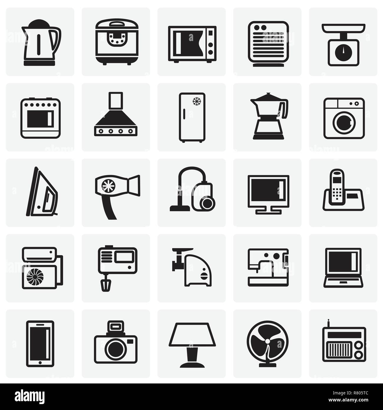 Home appliance icons set on squares background for graphic and web ...