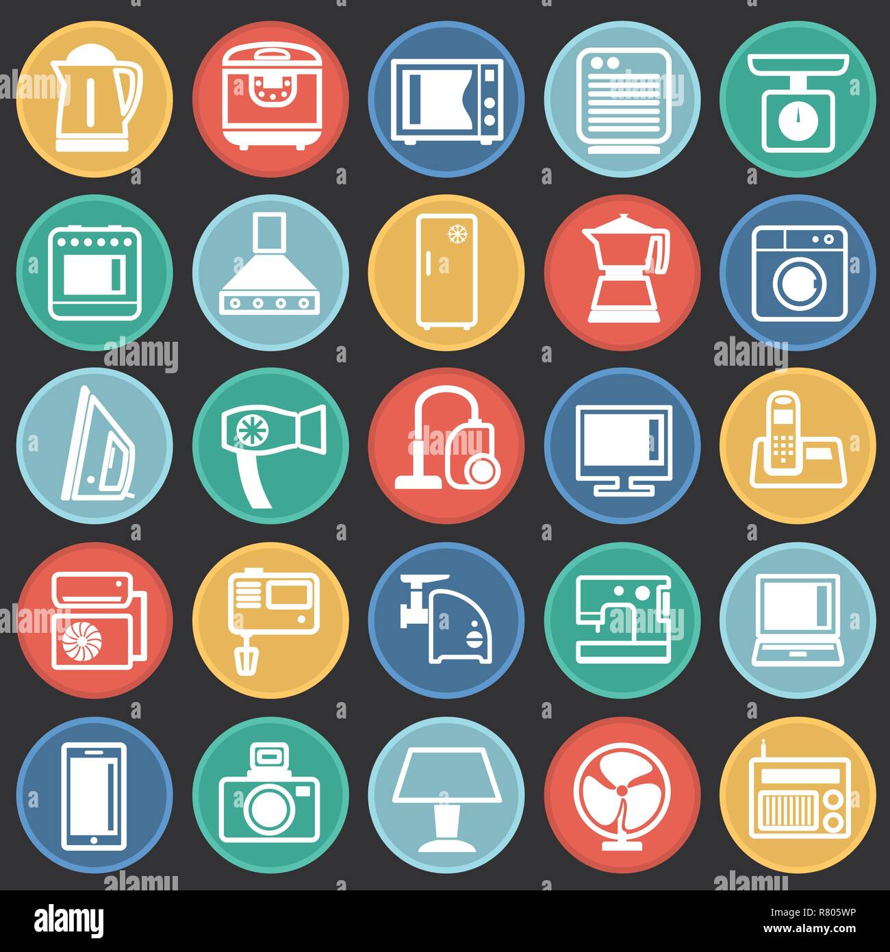 Home appliance icons set on color circles black background for graphic and web design, Modern ...