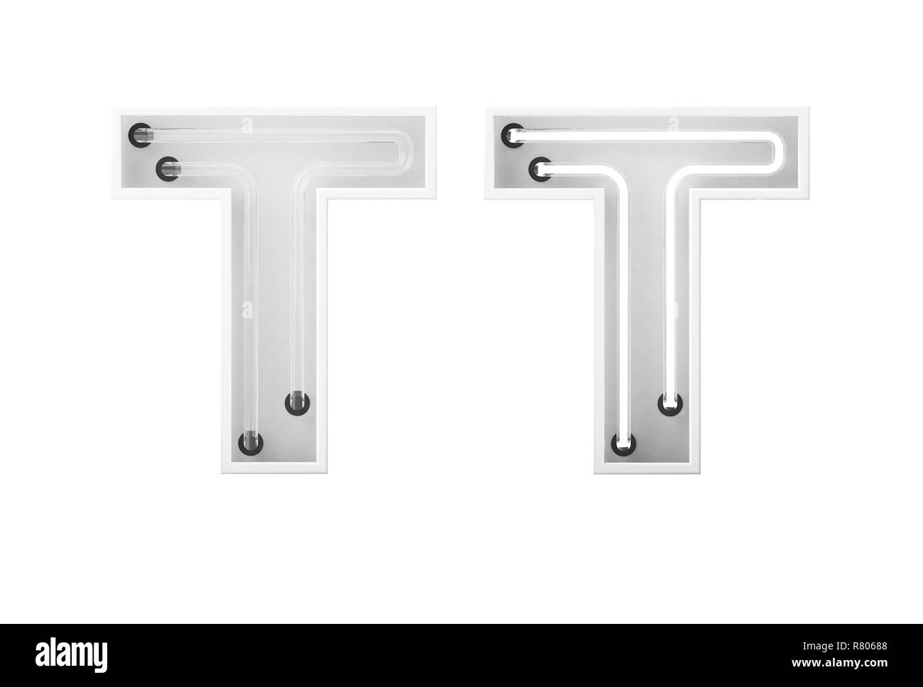 White neon style light letter T. On and Off neon lettering. 3D ...