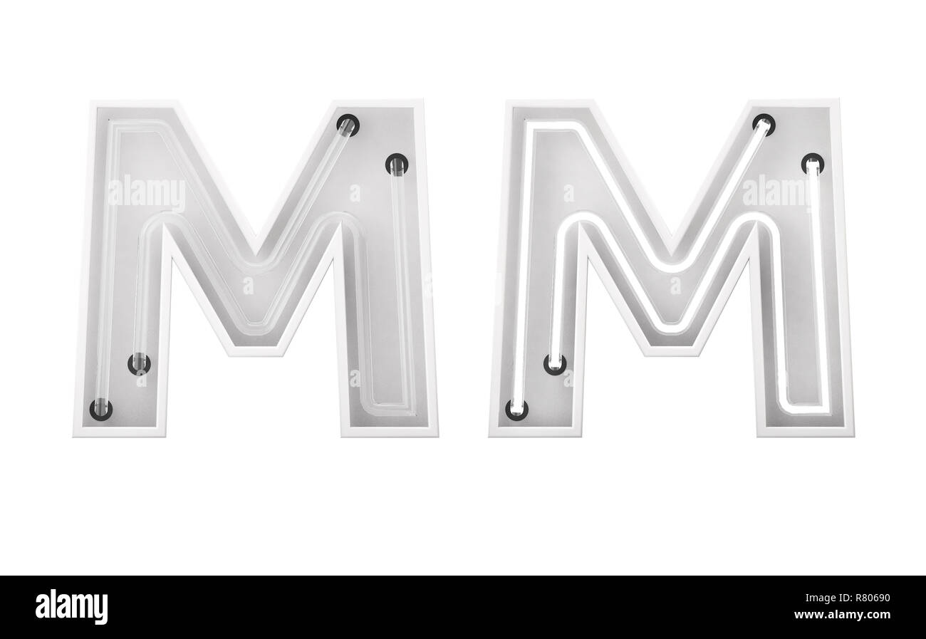 White neon style light letter M. On and Off neon lettering. 3D ...