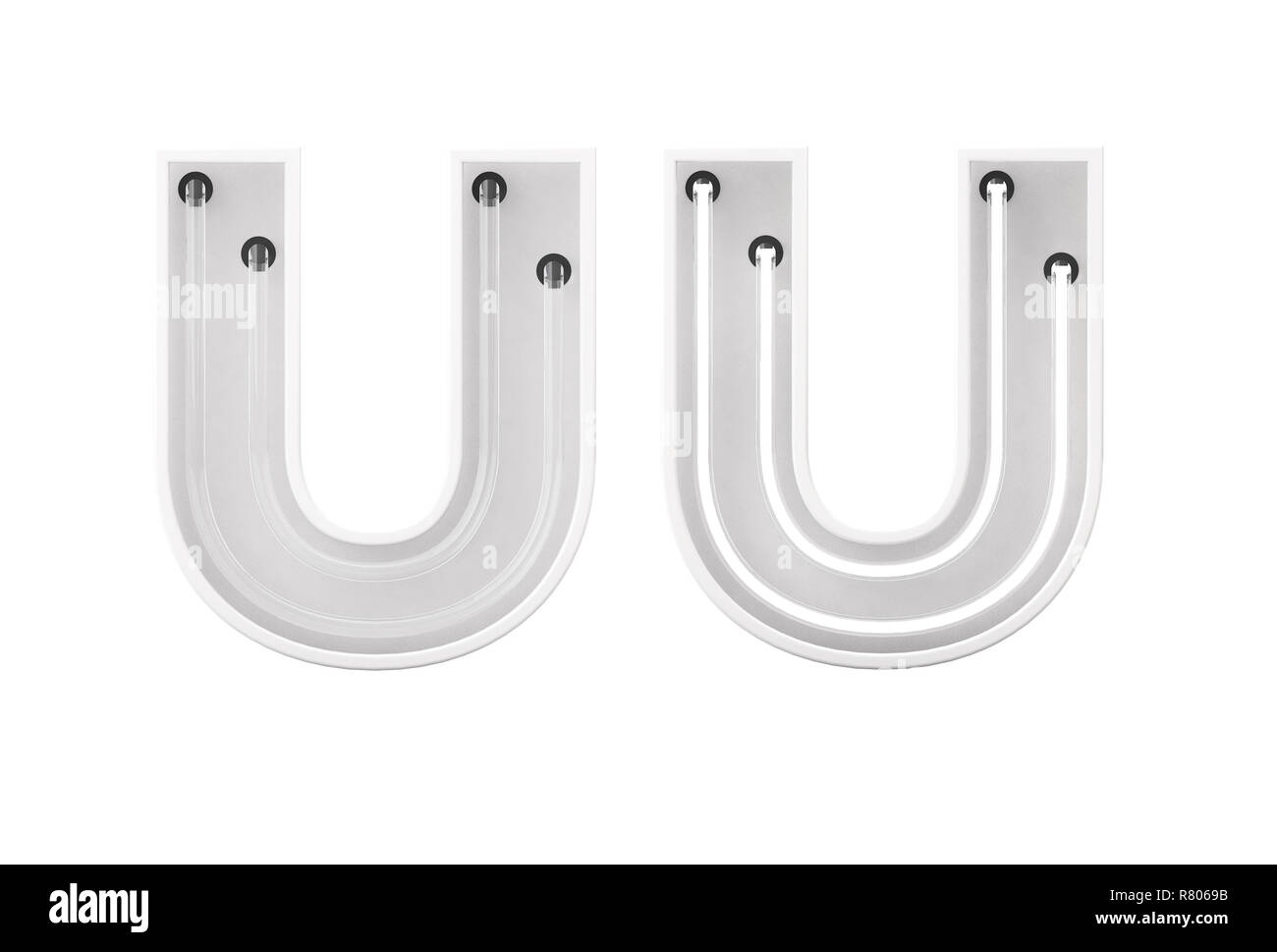 White neon style light letter U. On and Off neon lettering. 3D ...
