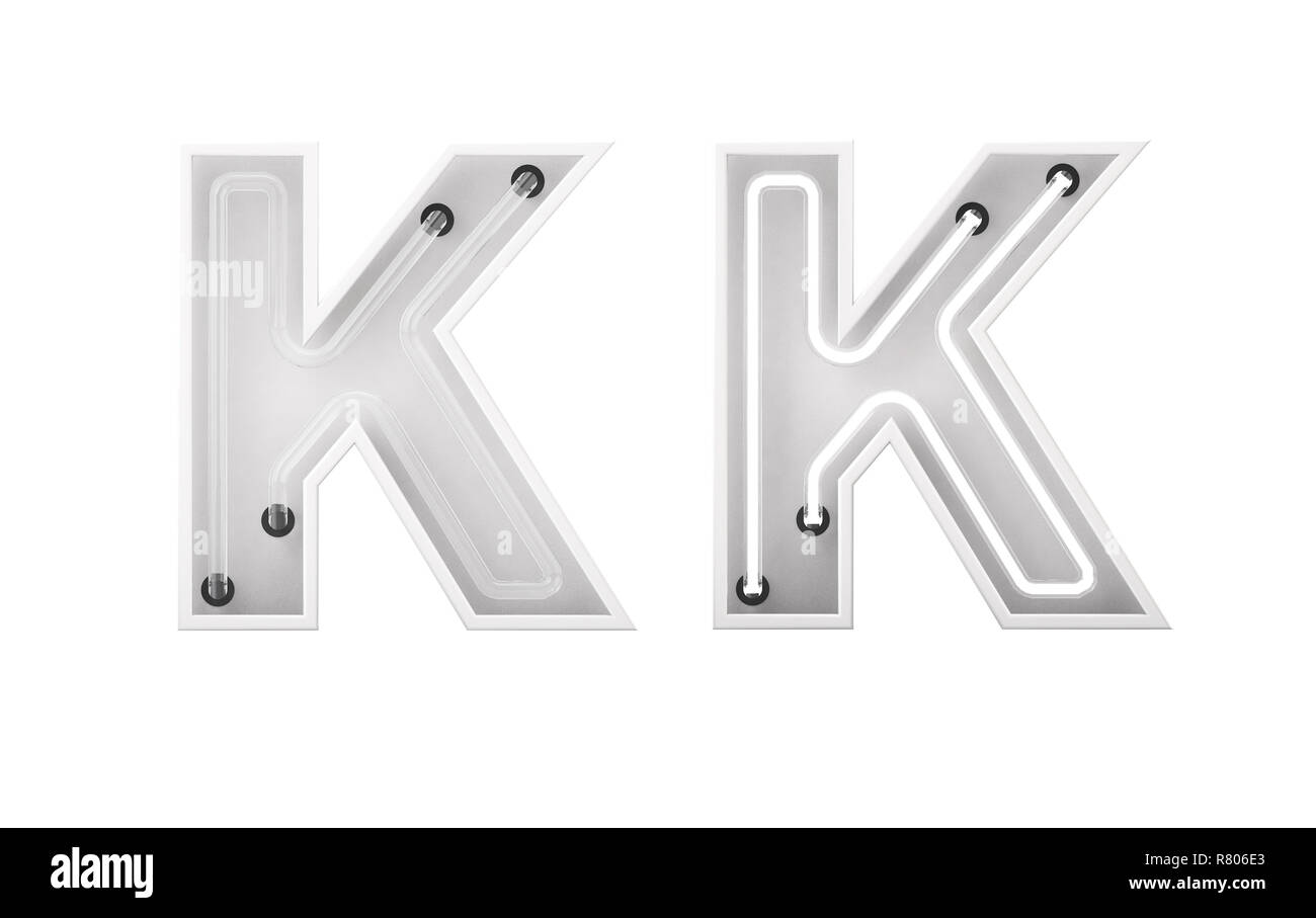 White neon style light letter K. On and Off neon lettering. 3D ...