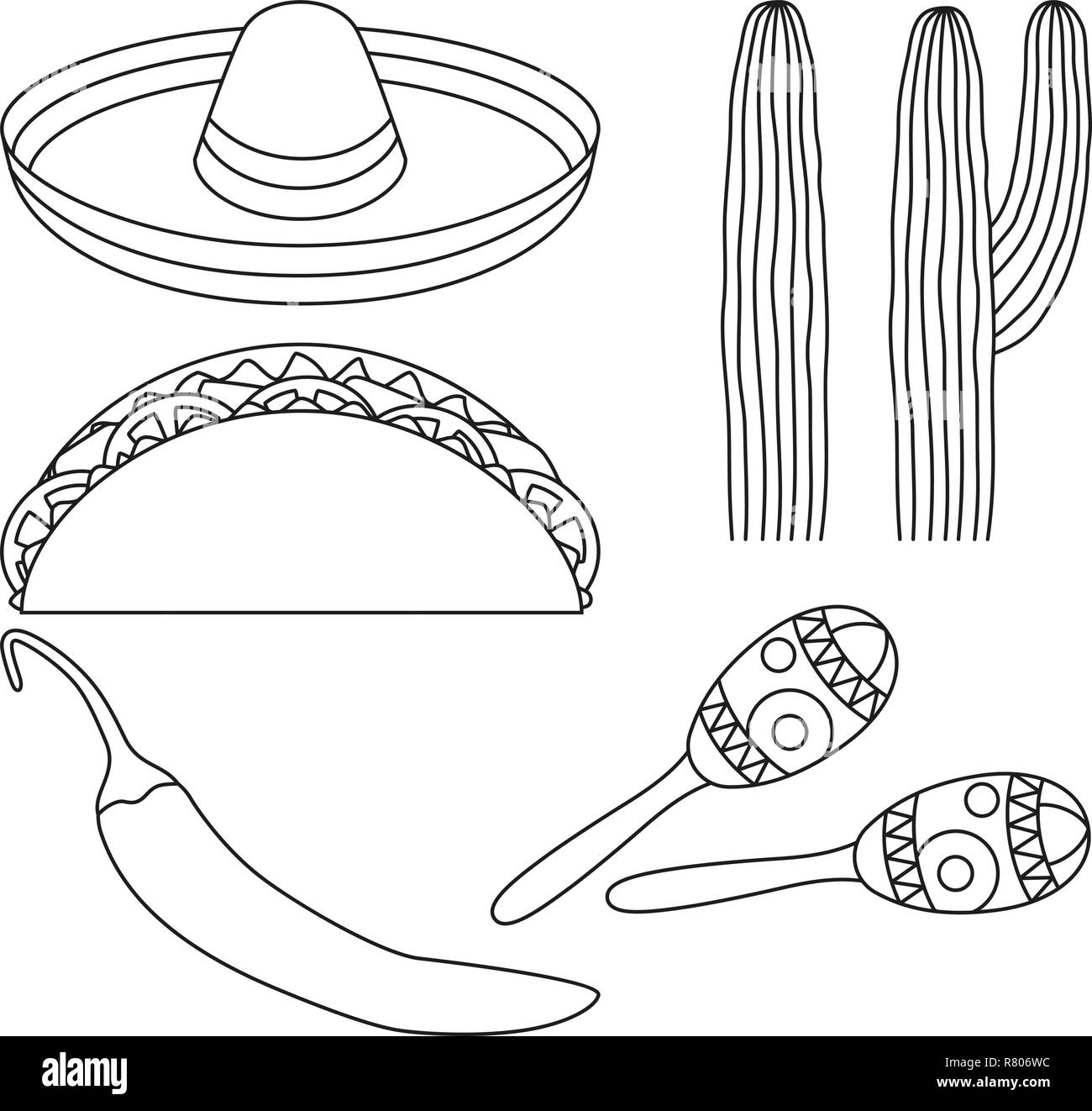 Line art black and white 5 mexican elements Stock Vector Image & Art ...