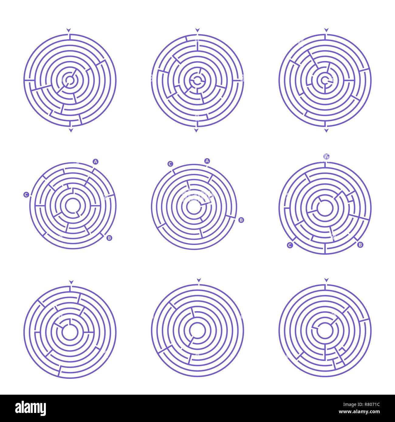 Set of circular maze labyrinth games. Round fing the way riddles Stock ...