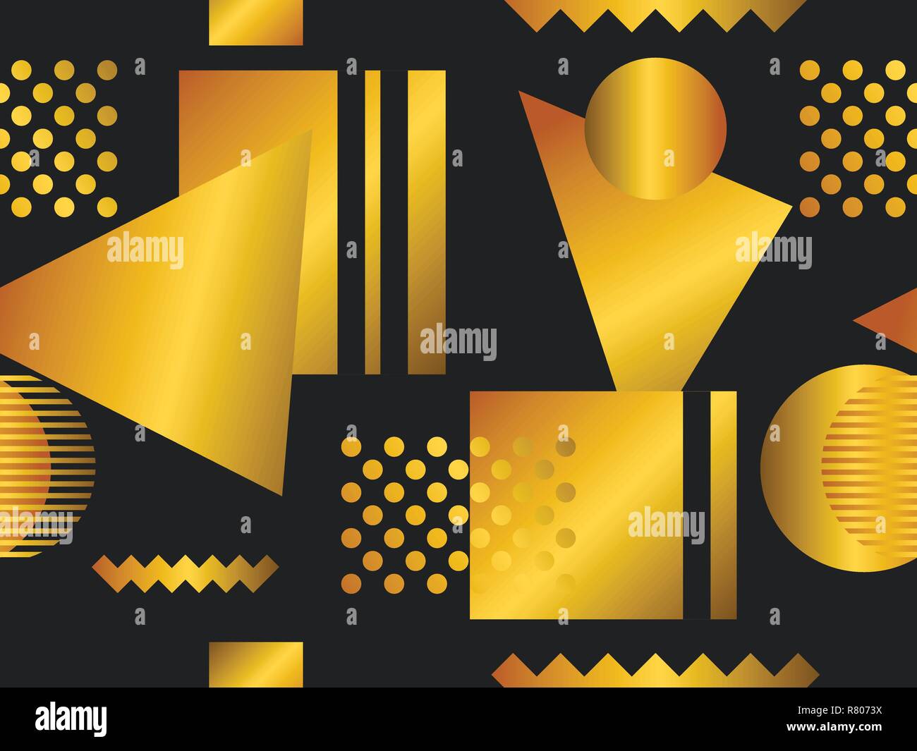 Memphis seamless pattern with geometric shapes and golden gradient ...