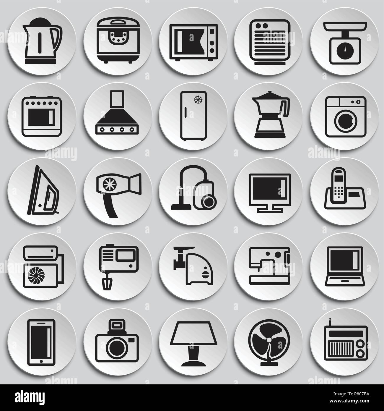 Home appliance icons set on plates background for graphic and web ...