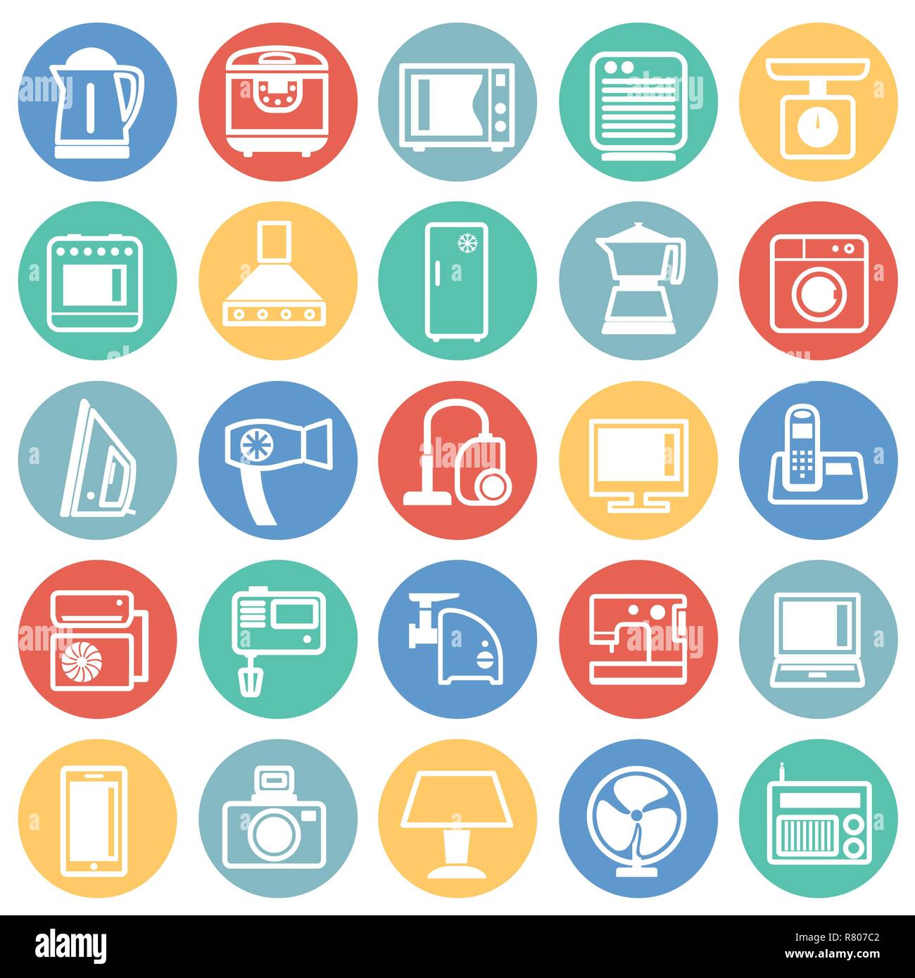 Home appliance icons set on color circles background for graphic and ...