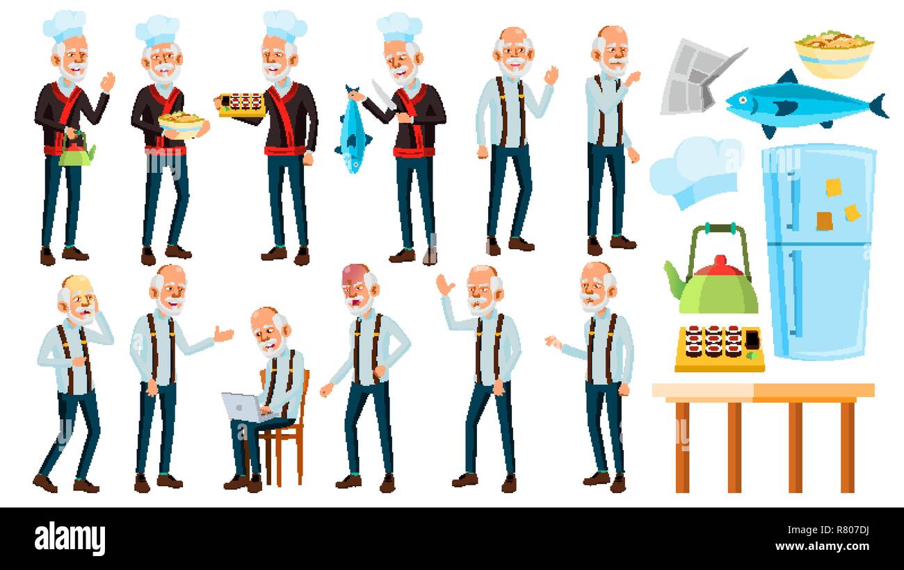 Asian Old Man Poses Set Vector. Elderly People. Senior Person. Aged ...