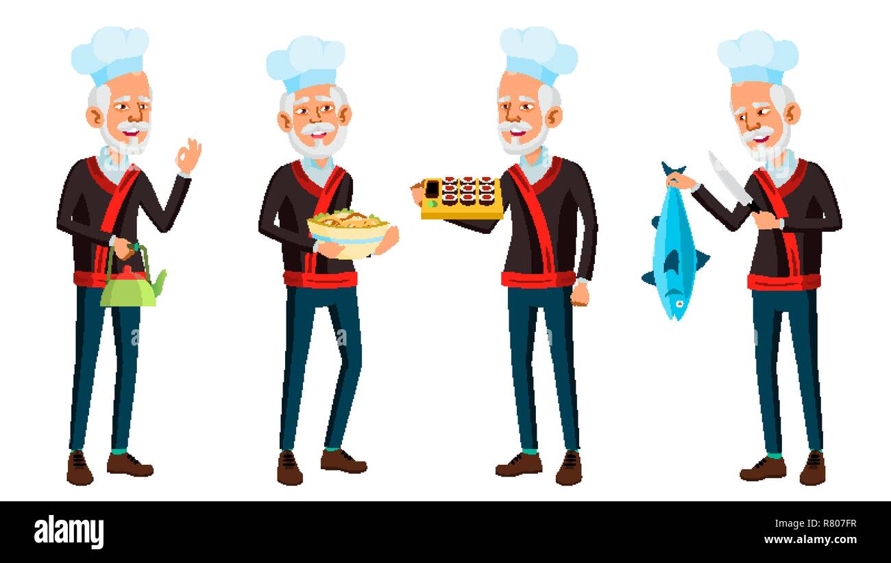 Asian Old Man Poses Set Vector. Elderly Chef In Restaurant. Rolls, Fish ...