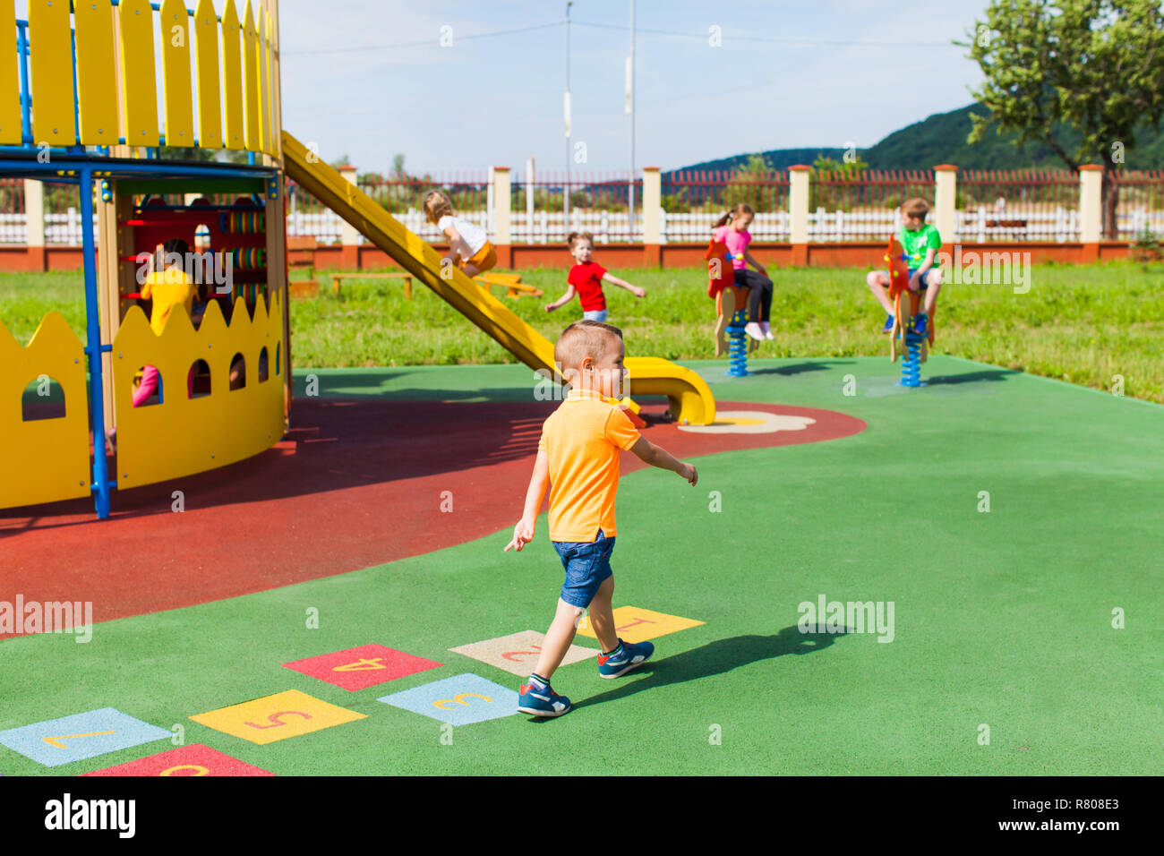 Ancient game of hopscotch outdoors in the summer Stock Photo - Alamy