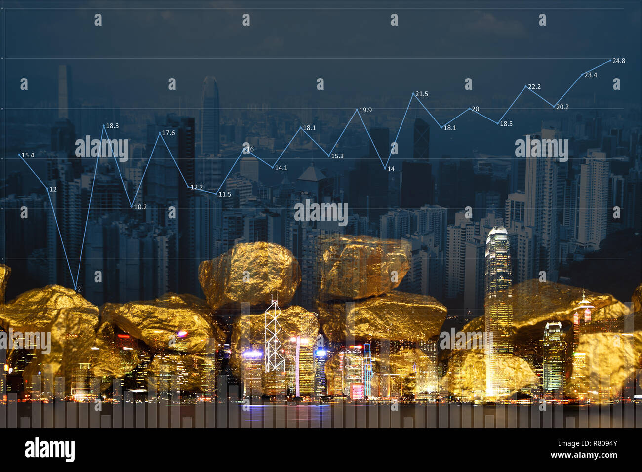 Double exposure of pile of gold nuggets with city background and ...