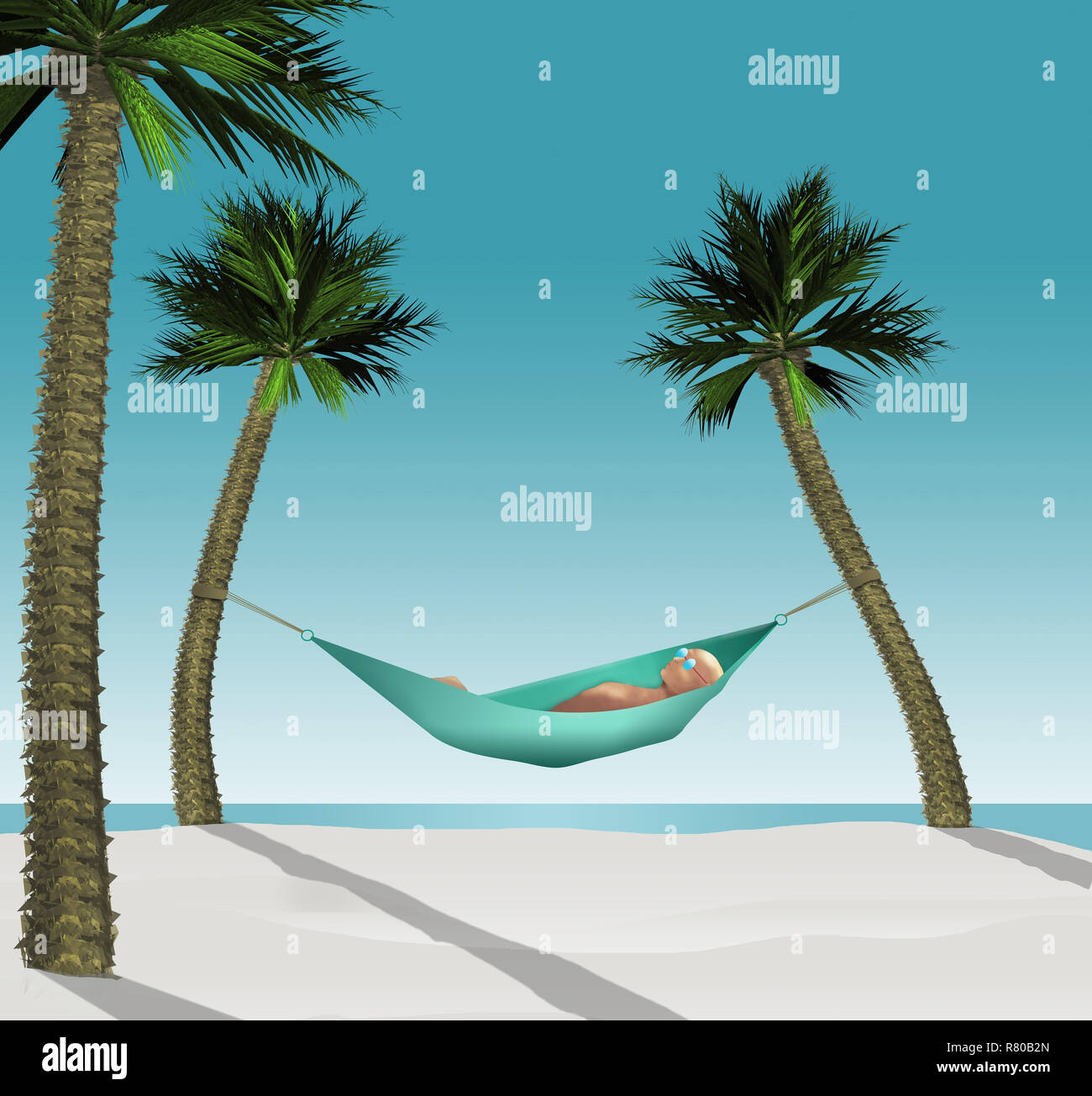 Here is a 3-D render illustration of a man lying in a hammock strung between two small palm ...