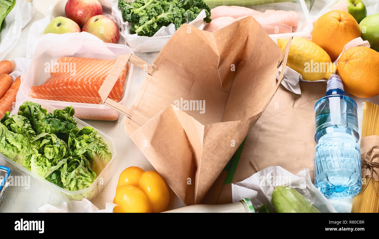 Grocery. Different health food. Grocery shopping concept. Balanced diet ...