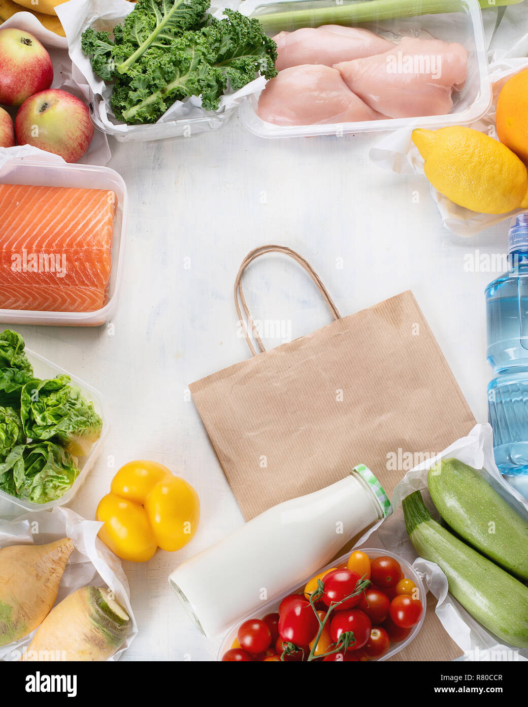 Grocery. Different health food. Grocery shopping concept. Balanced diet ...