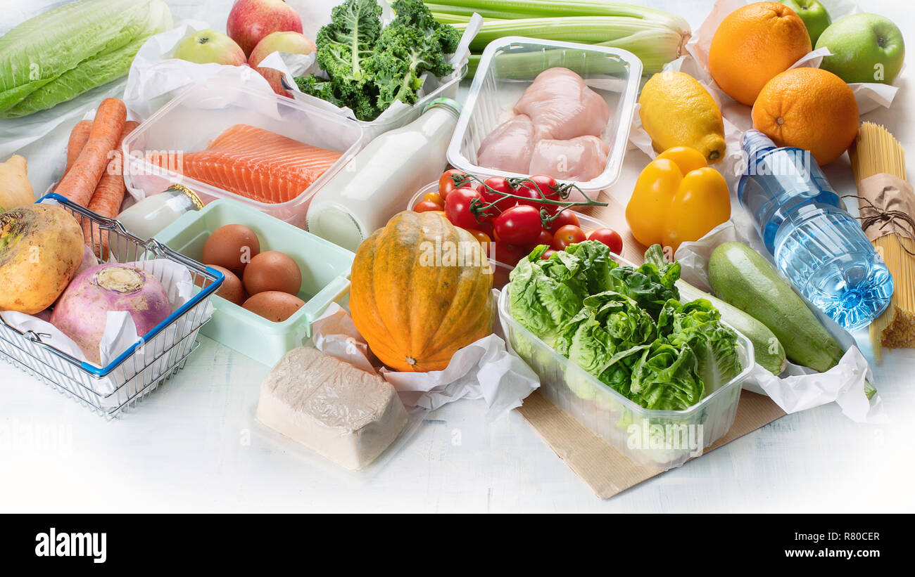 Grocery. Different health food. Grocery shopping concept. Balanced diet ...