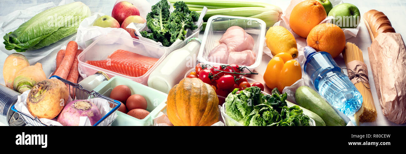 Grocery. Different health food. Grocery shopping concept. Balanced diet ...