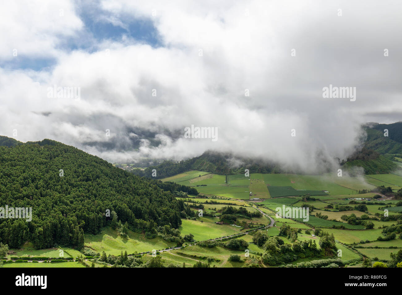 Beautiful pastures in the Sete Cidades caldera on the island of Sao ...