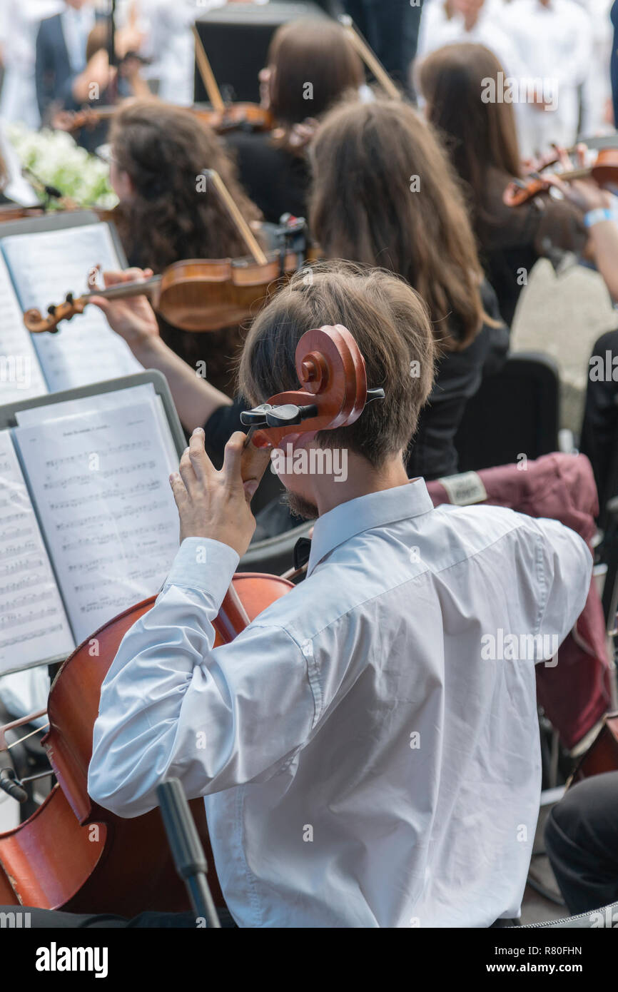 Men with a cello in an orchestra. vertical photo Stock Photo - Alamy