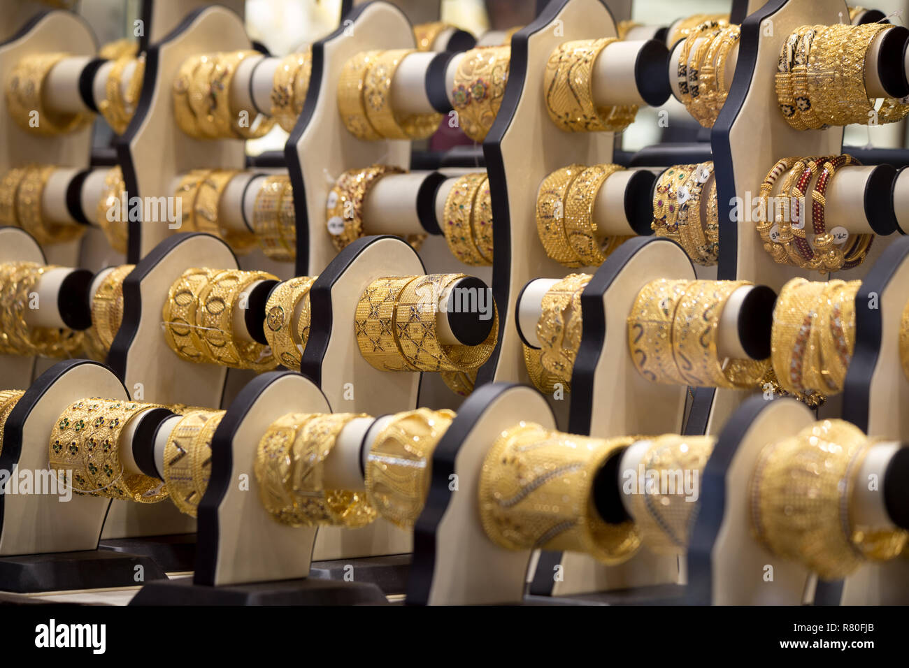 Gold bracelets and jewelry at the Dubai Gold Souk Stock Photo - Alamy