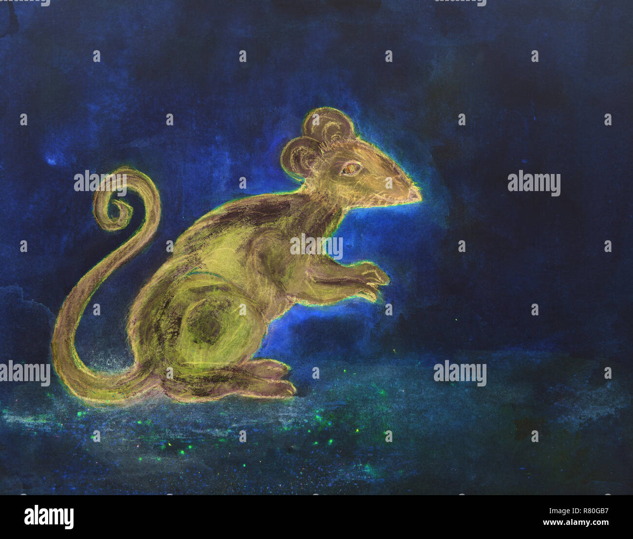 Rat at night on a blue background. The dabbing technique near the edges ...