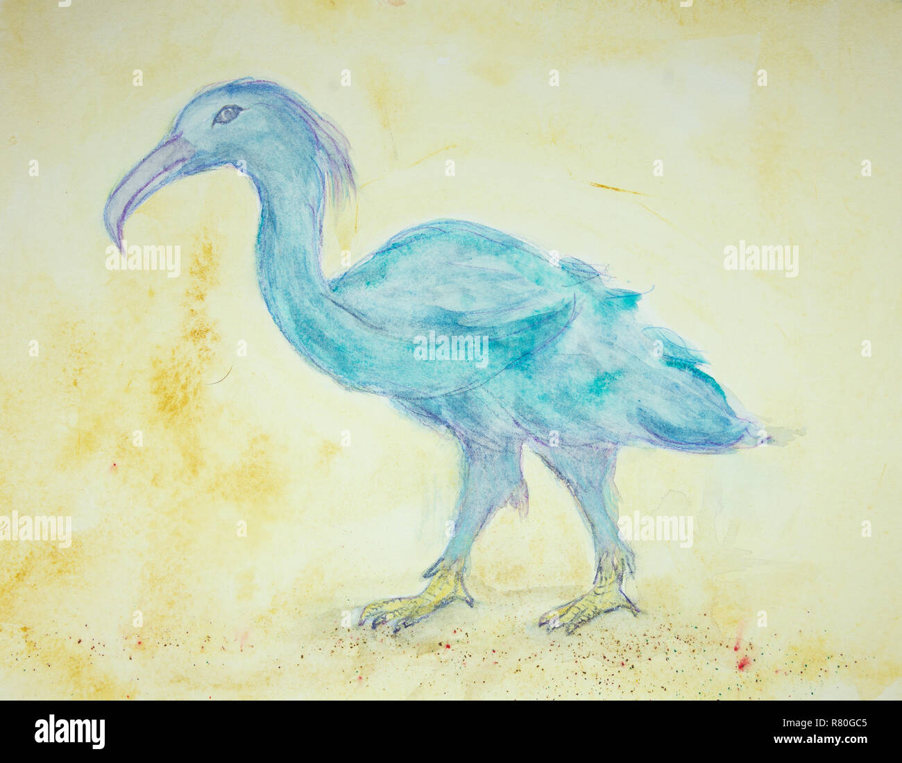 Blue ibis painting with gold background. The dabbing technique near the ...