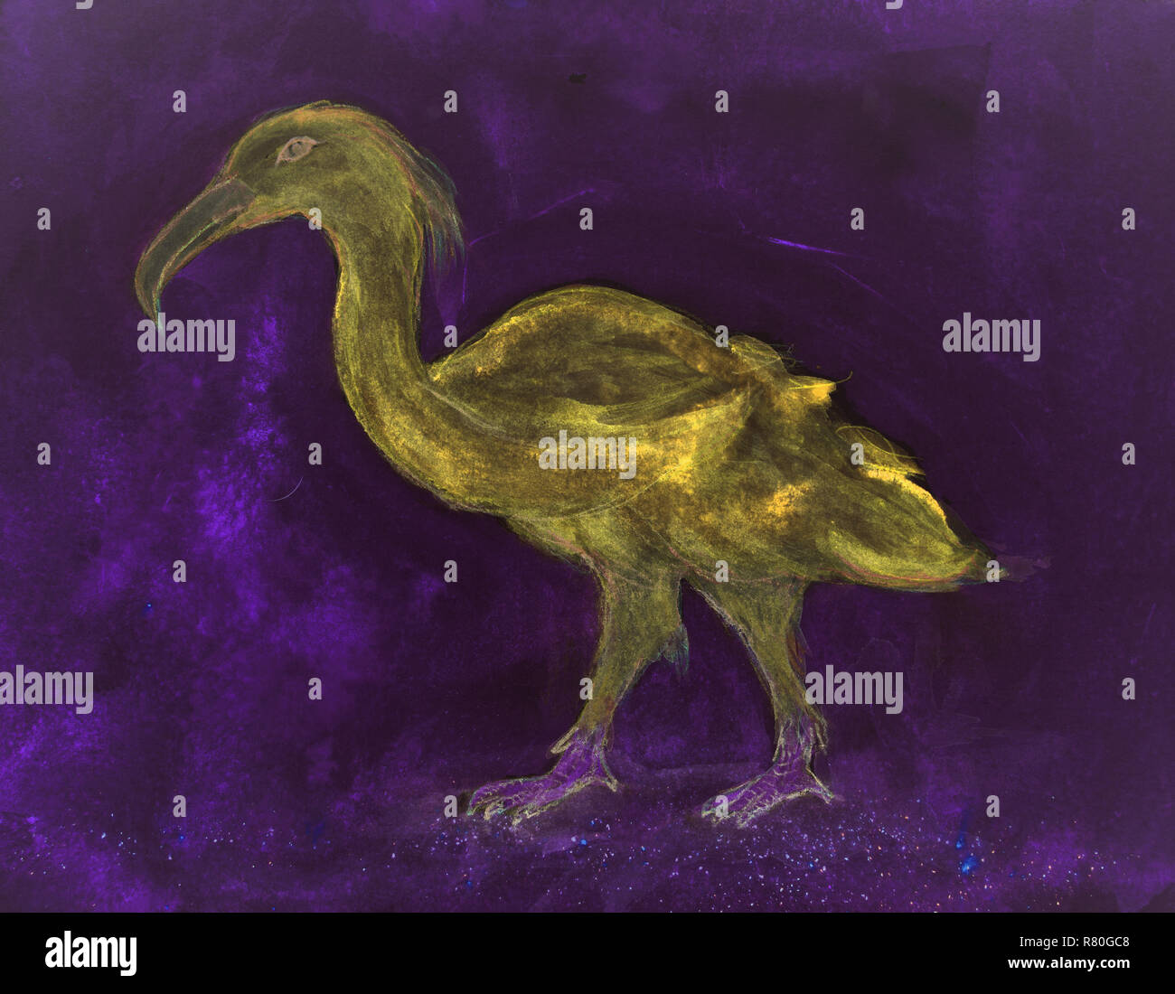 Golden ibis on a purple background. The dabbing technique near the ...