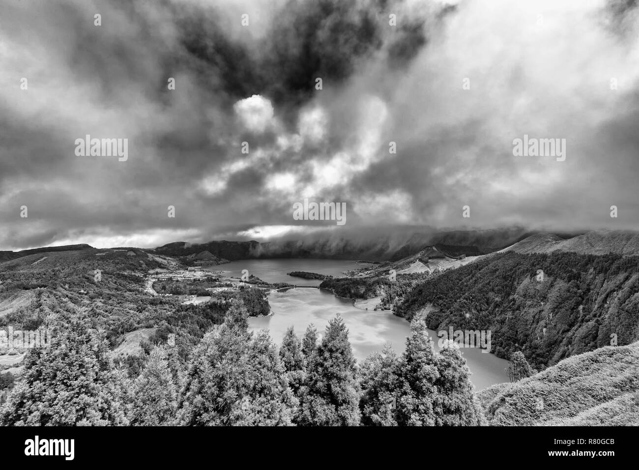 Dramatic black and white view of Sete Cidades, a massive ancient ...