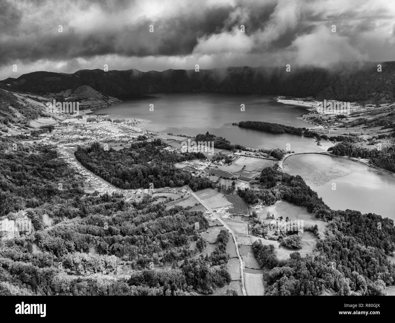Beautiful Black and White aerial view of Sete Cidades with Lagoa Verde ...