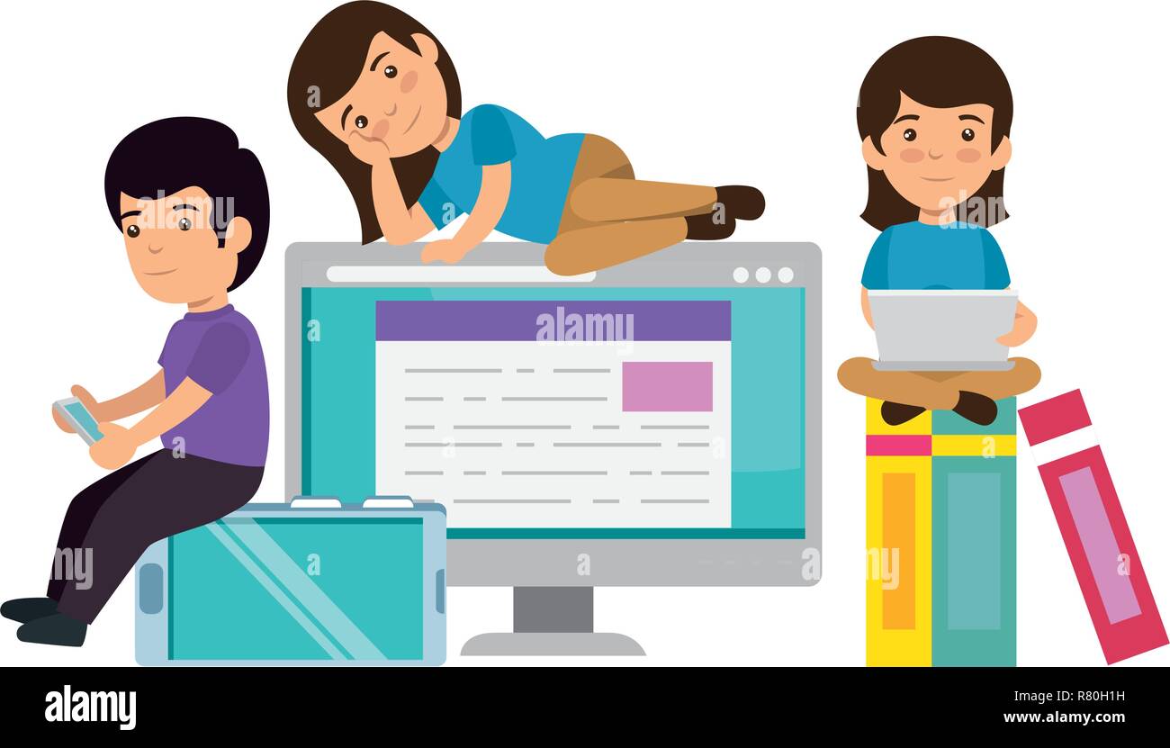 group of kids with electronic devices vector illustration design Stock ...