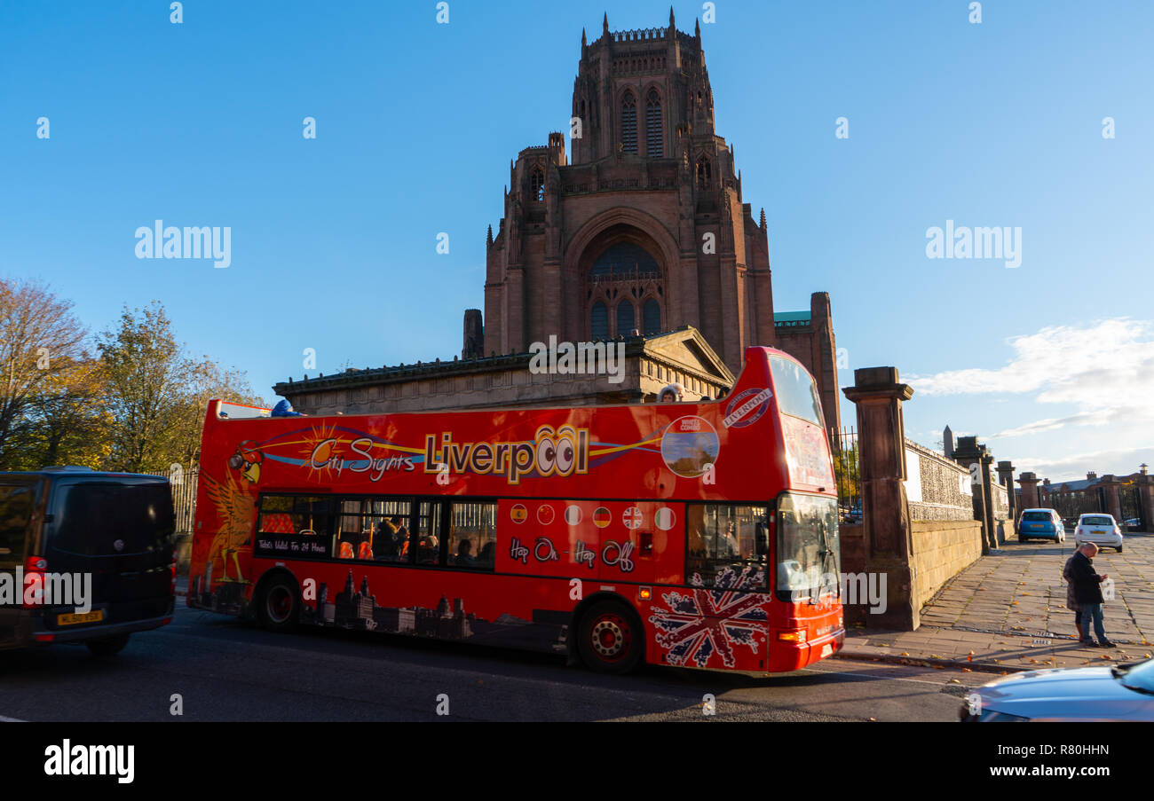 Tourist bus going past the Anglican Cathedral, Liverpool. Image taken ...
