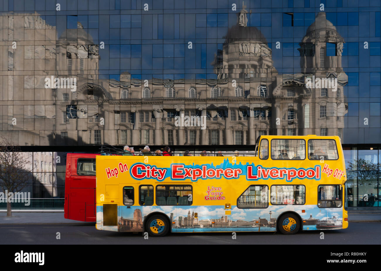 Mersey Dock Board Building and Tourist Bus reflecting in Mann Island ...
