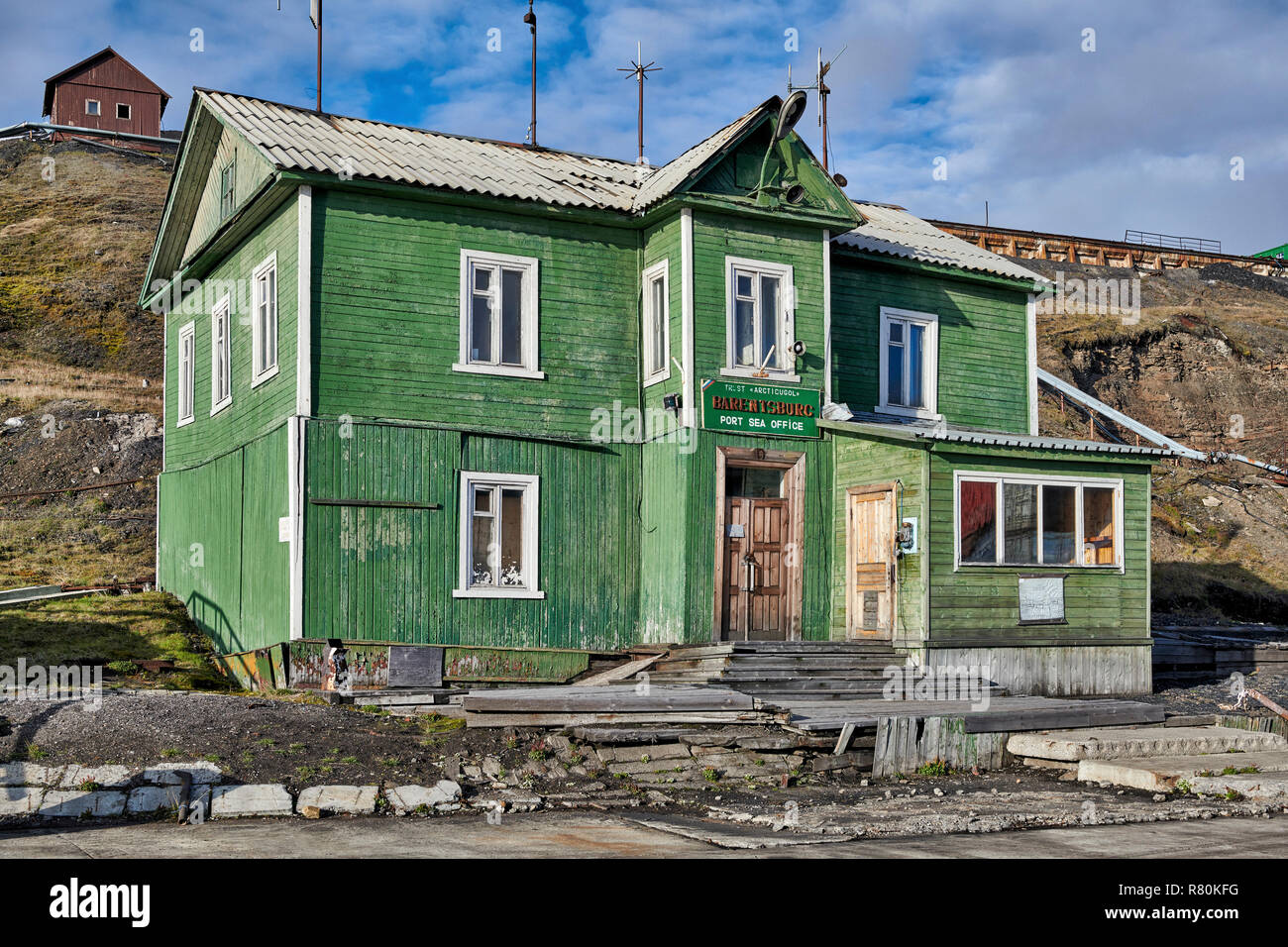 Typical old wooden buildings in mining town Barentsburg. Svalbard ...