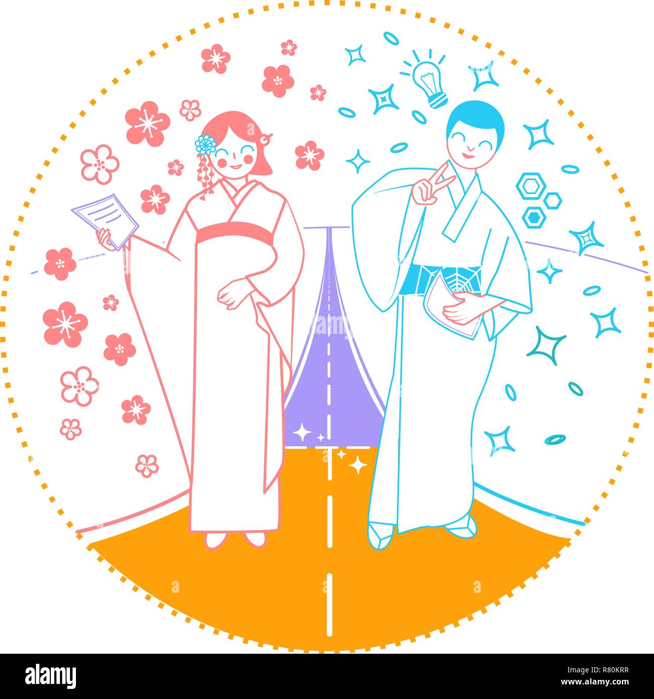 concept of an important moment in life as a road on which a woman and a ...