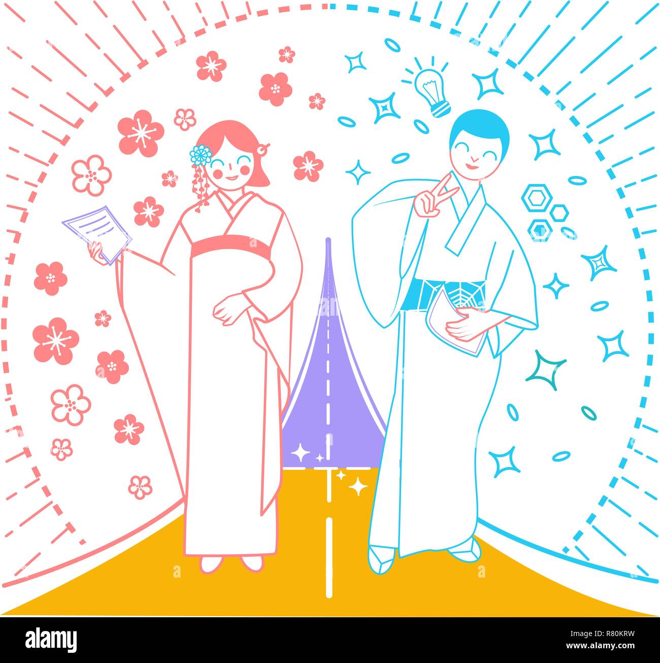 concept of an important moment in life as a road on which a woman and a ...