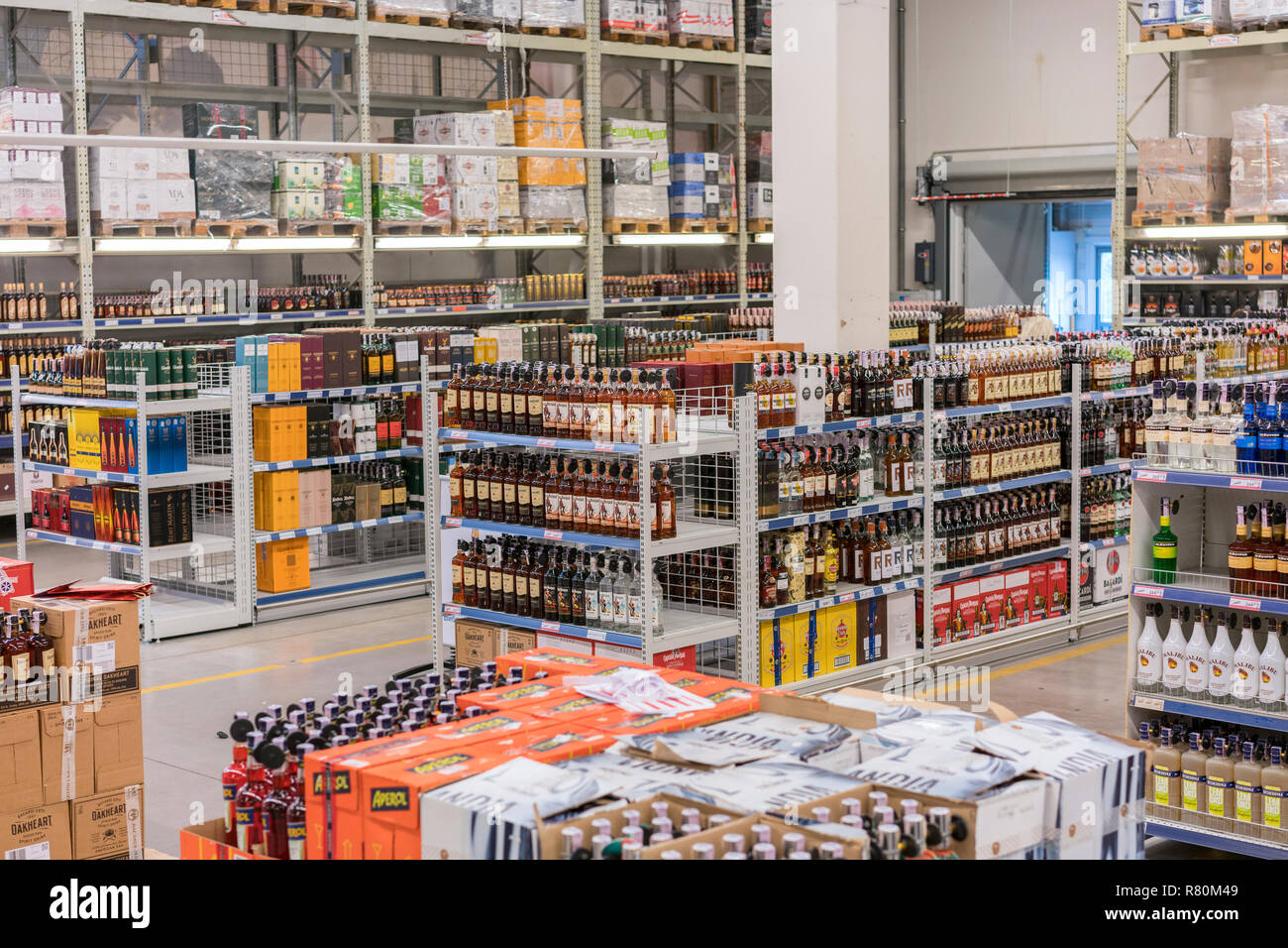 Kiev, Ukraine. August 28 2018. Shelves with countless bottles of wine ...