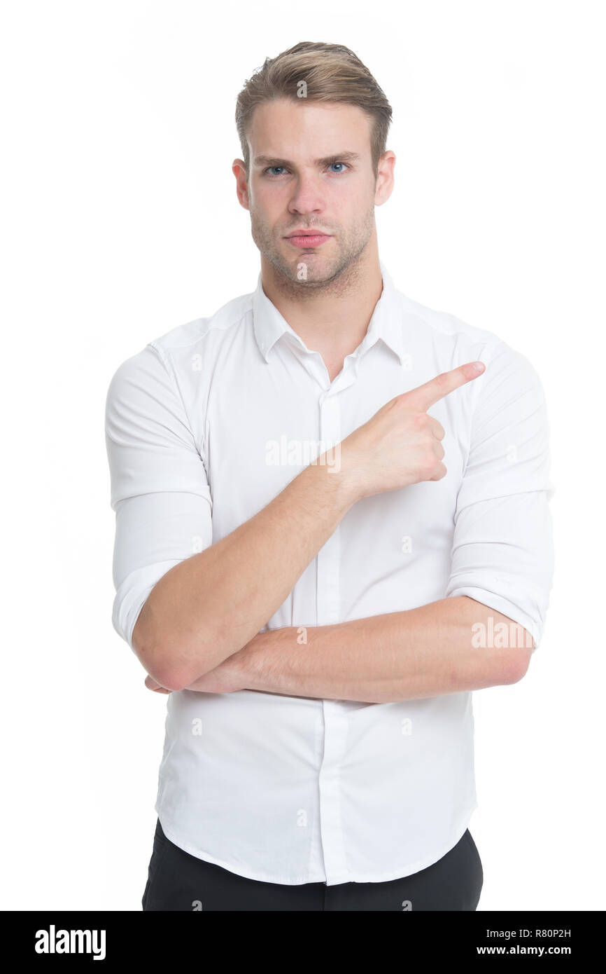 Manager or assistant help find direction. Pointing direction. Man shop ...