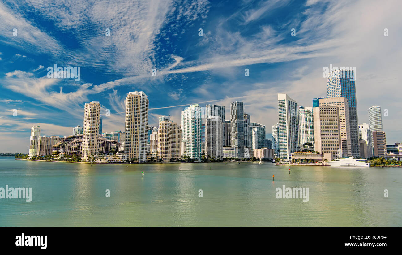 Miami skyline skyscrapers ,yacht or boat next to Miami downtown, Aerial ...
