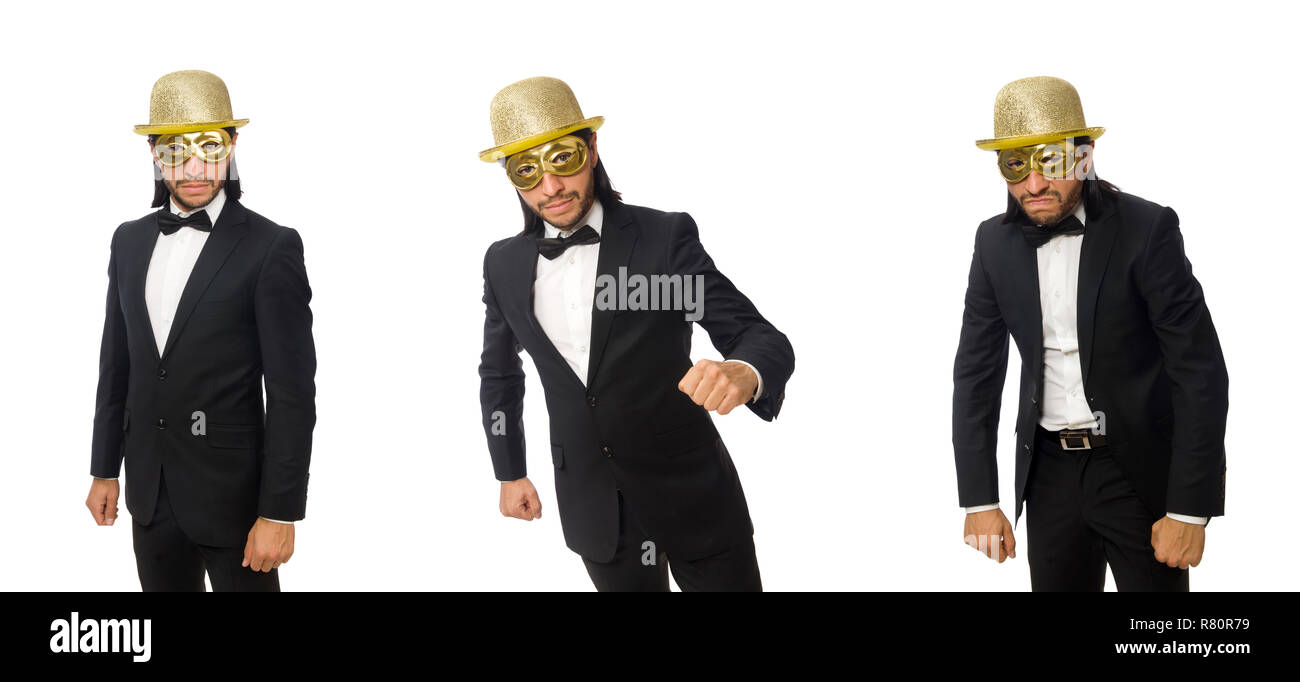 Funny man wearing mask isolated on white Stock Photo - Alamy