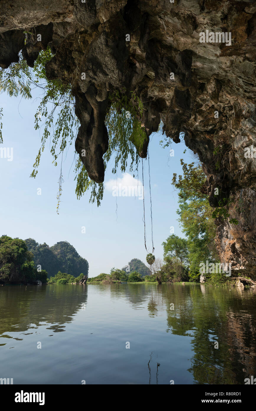 Vertical picture from inside of huge cave. Beuatiful view of trees and ...