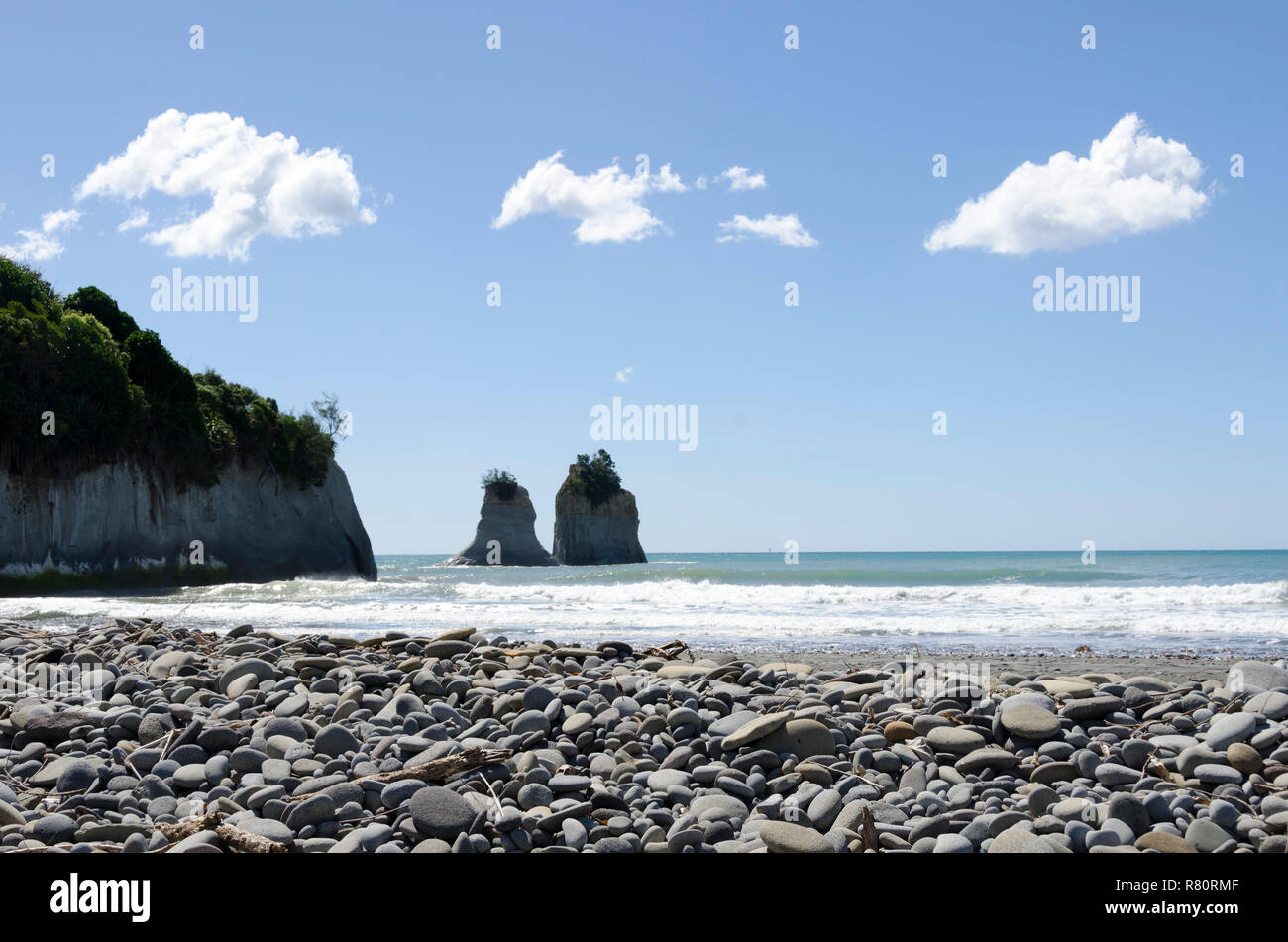 Beach and cliffs, rock pillars, Onaero, Taranaki, North Island, New ...