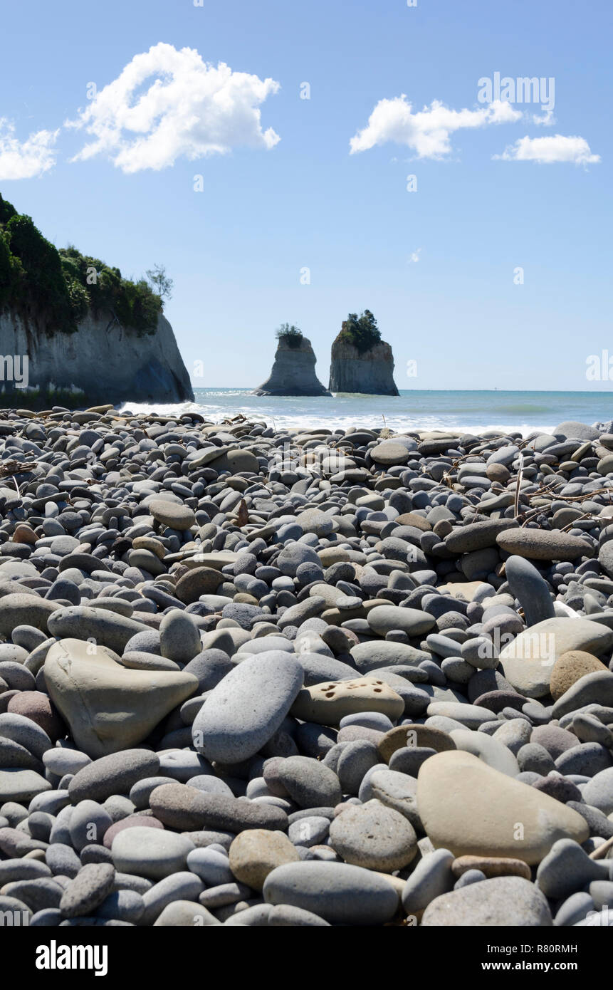 Beach and cliffs, rock pillars, Onaero, Taranaki, North Island, New ...
