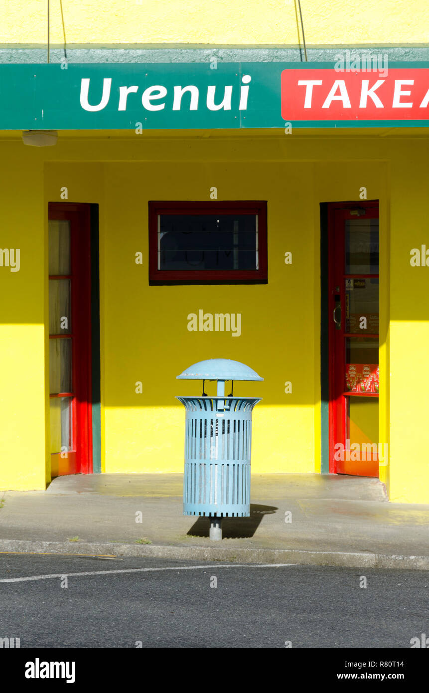 Litter bin outside yellow wall, Urenui, Taranaki, North Island, New ...