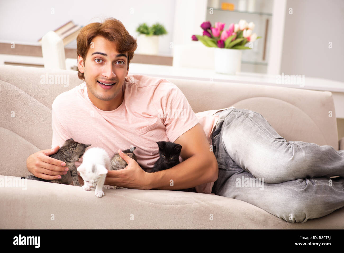 Young man playing with kitten at home Stock Photo - Alamy