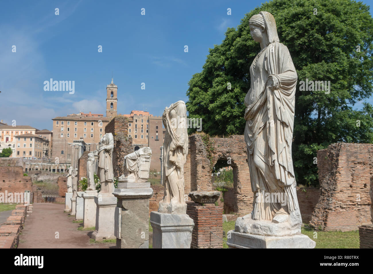 Roman statues at House of the Vestals in empty Forum Romanum. Rome ...