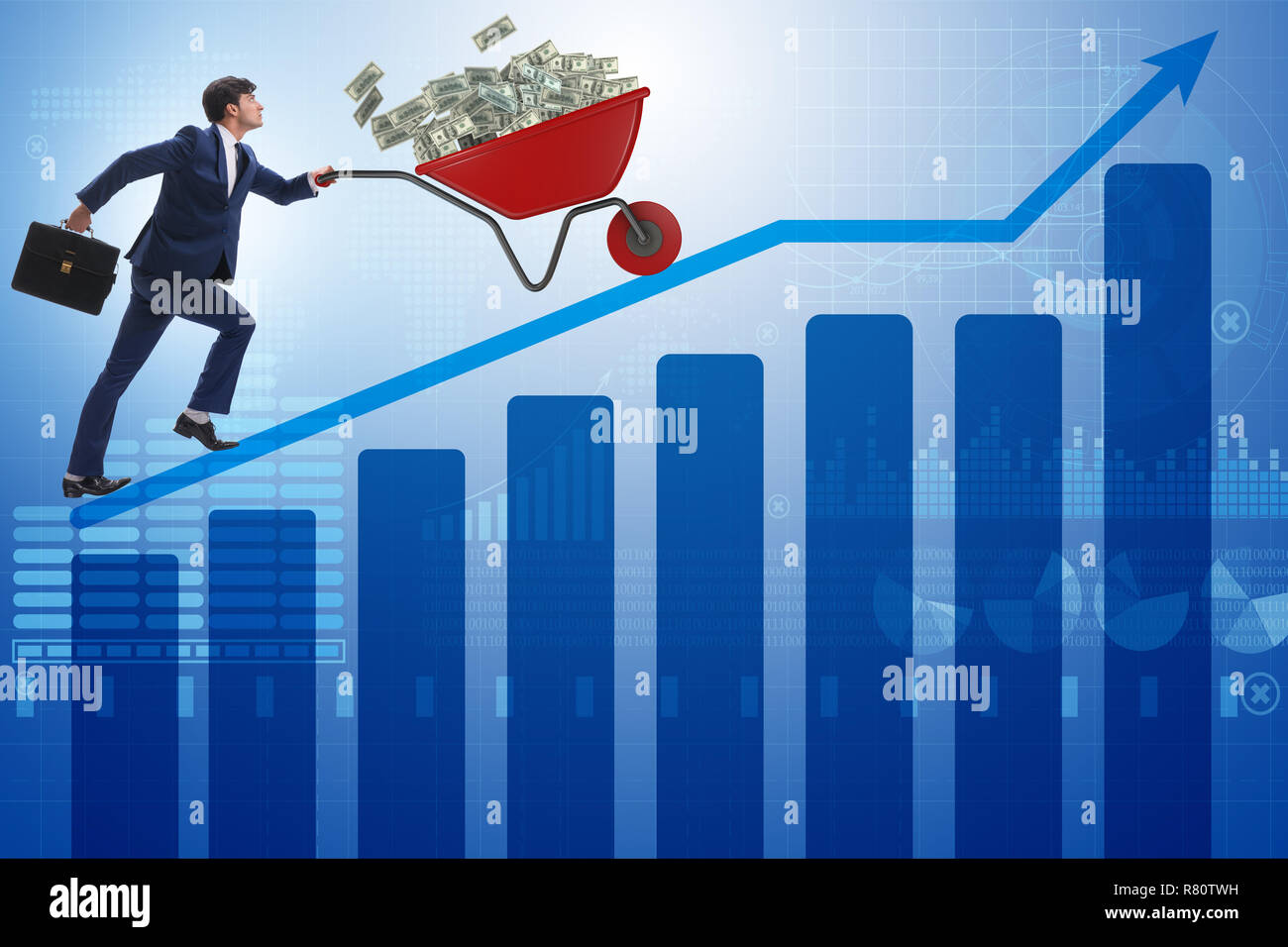Businessman pushing wheelbarrow full of dollar money Stock Photo - Alamy