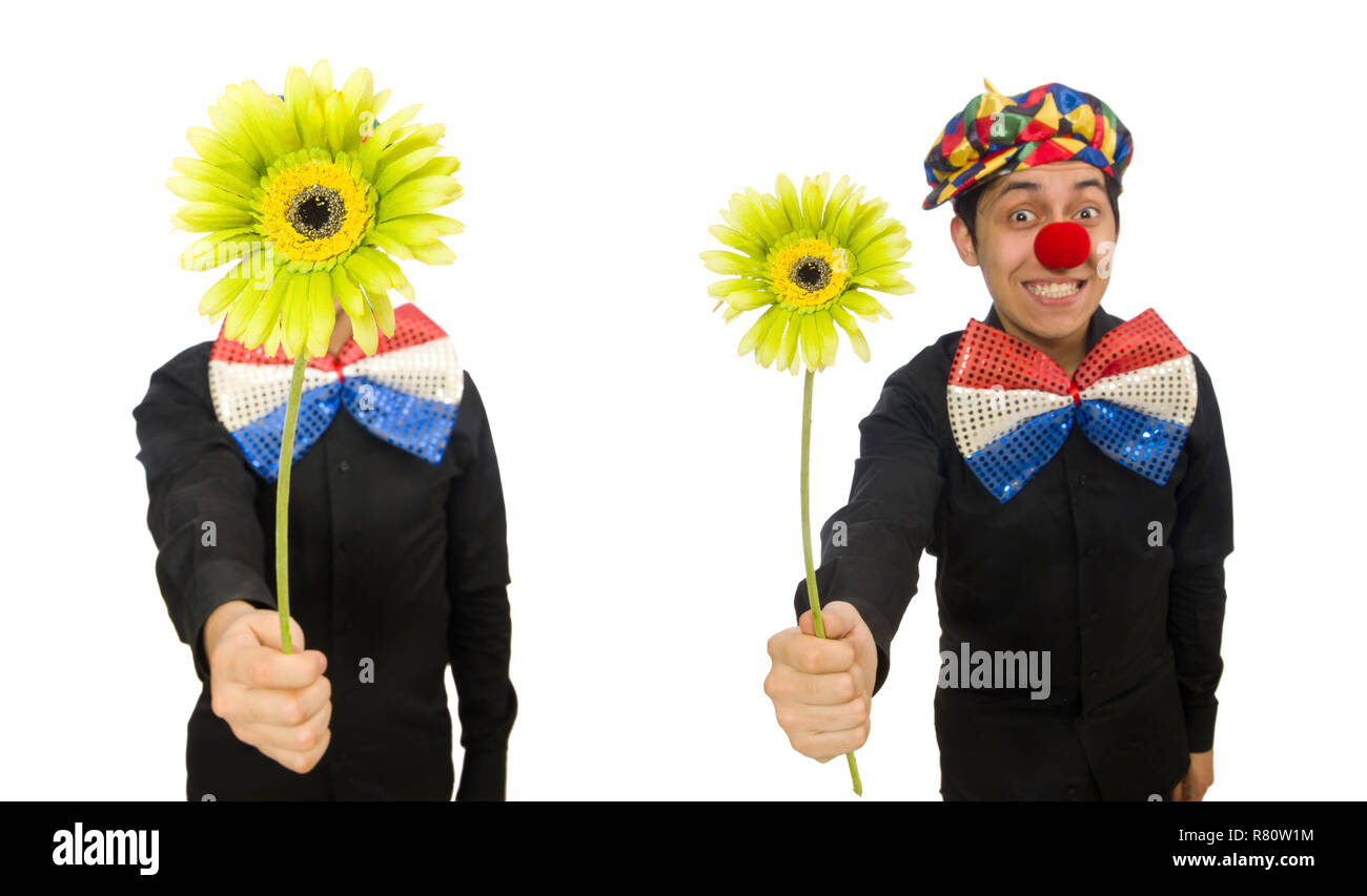 Funny clown with flowers isolated on white Stock Photo - Alamy