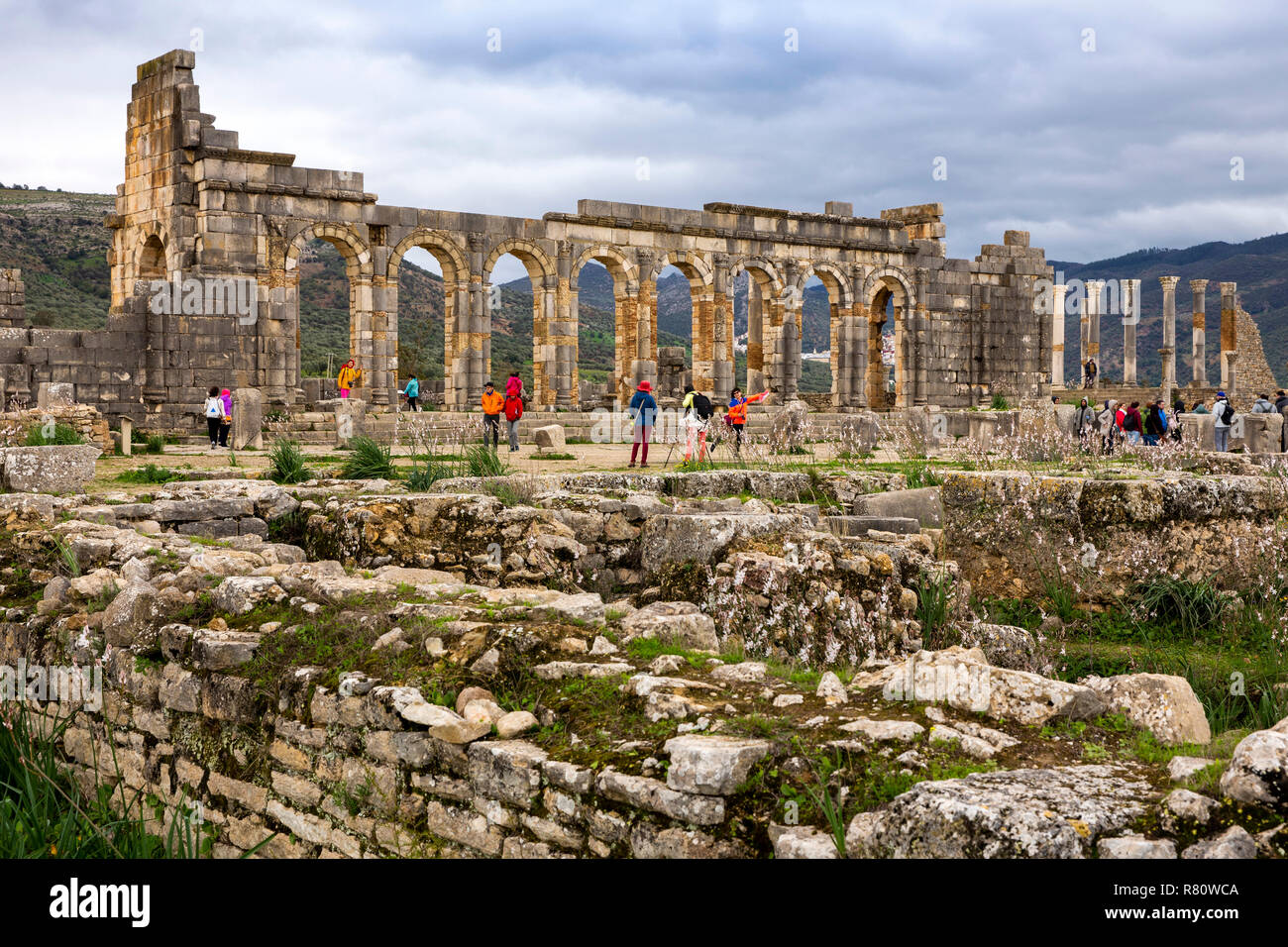 Morocco, Meknes, Volubilis Roman site, crowds of visitors in the ...
